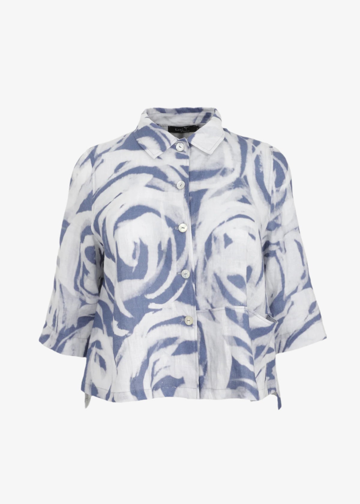 Toni T. Rose Print Pure Linen A-Line Shirt Jacket in Blue Dawn